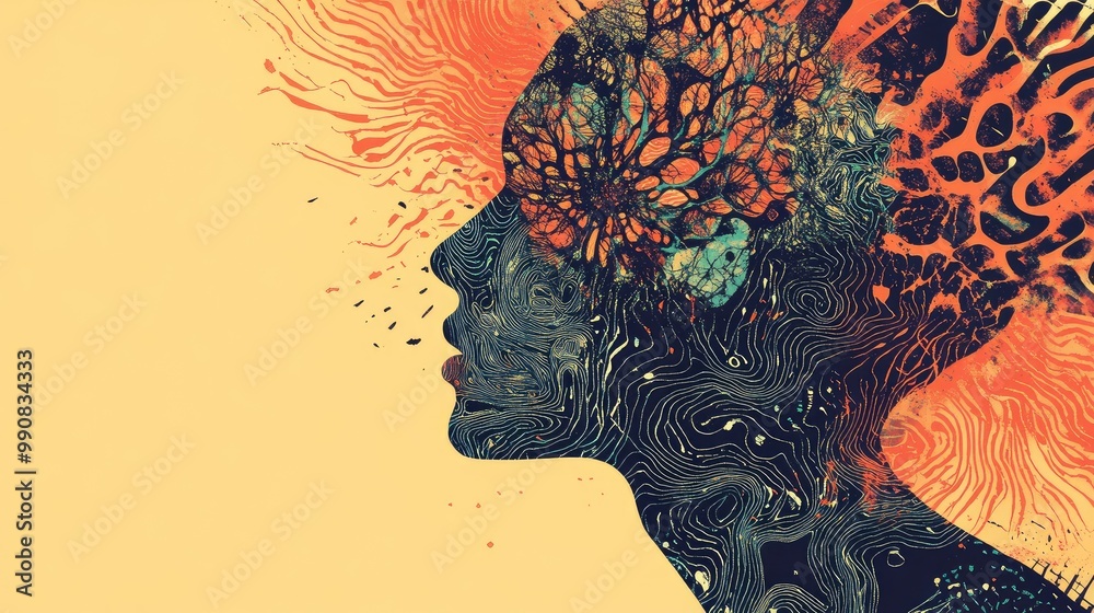Illustration of a human head filled with complex patterns, showing the ...