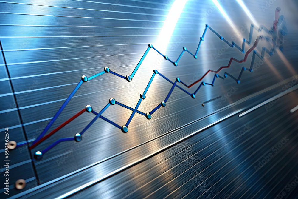 A graph with blue and red lines on a silver background. The blue line ...