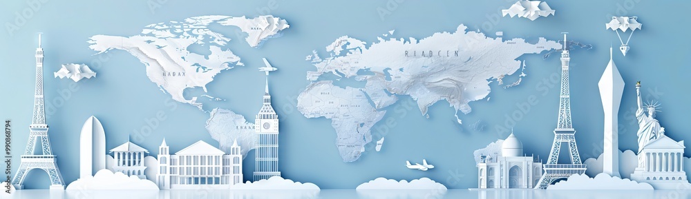 World famous landmarks made of paper cut, white buildings on light blue ...