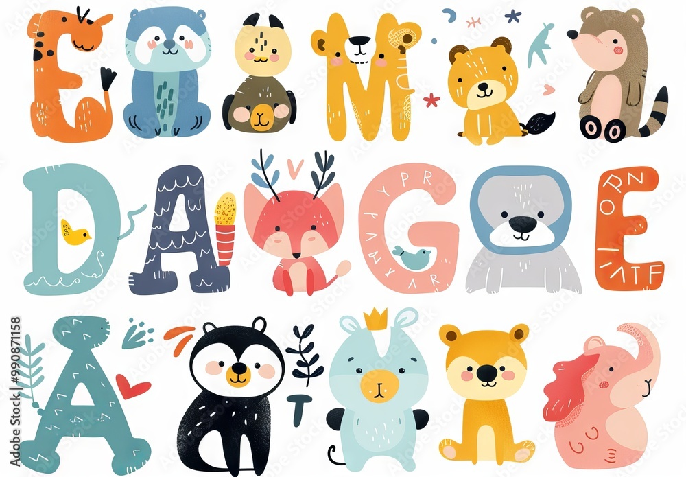 vector flat cute cartoon animals alphabet clipart set, "all adorable ...