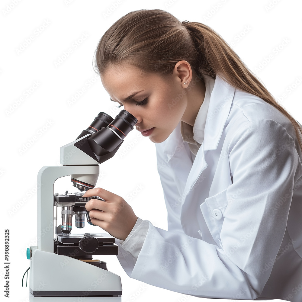 Female student in lab coat looking through microscope isolated on ...