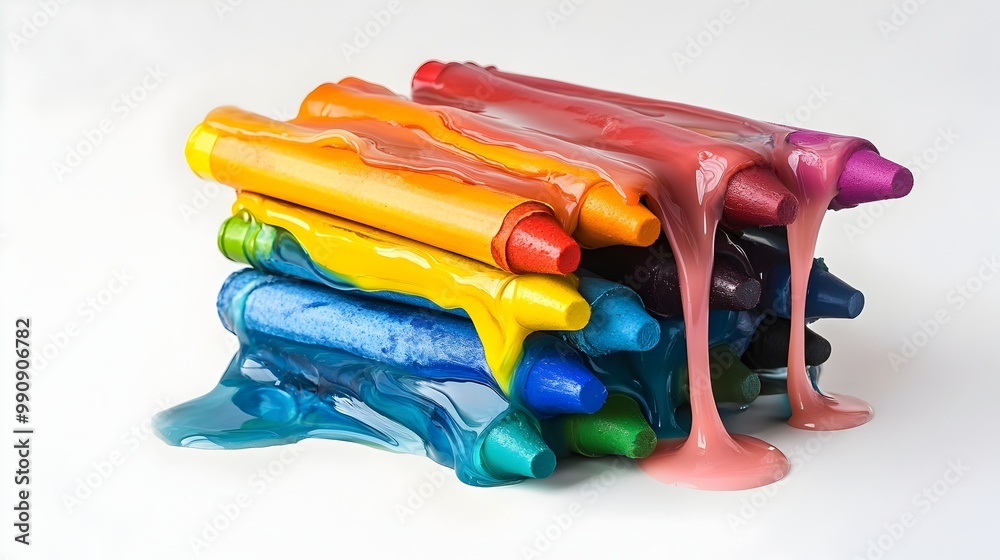 Photograph showcasing stacked and partially melted crayons with the ...