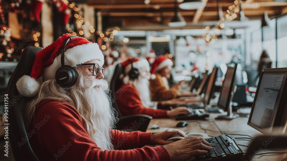 Santa's working with computers in a modern office. banner/design/web ...