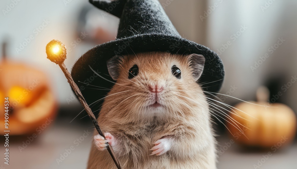 Hamster in a tiny wizard hat with a glowing wand, close-up, cute and ...