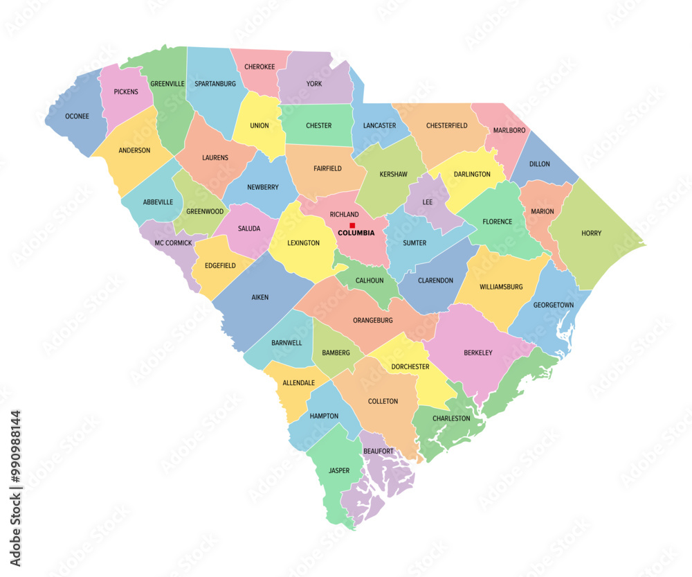 South Carolina, U.S. state, subdivided into 46 counties, multi colored ...