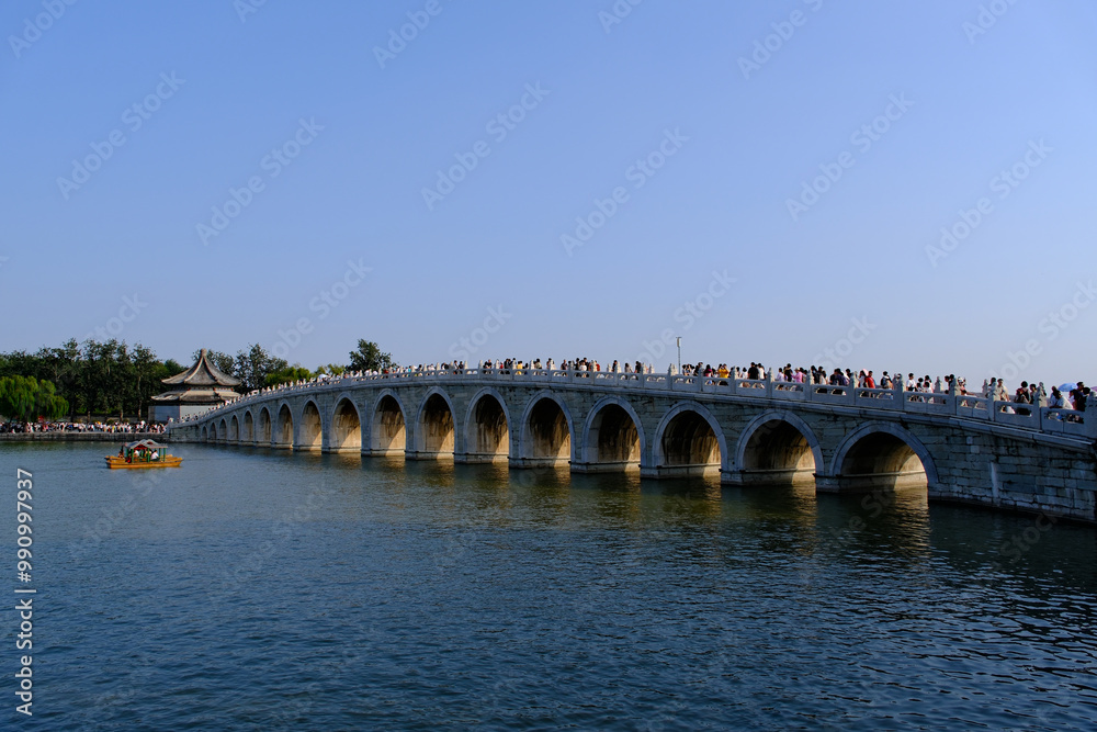 Seventeen-Arch Bridge in Summer Palace in Beijing, China. Traditional ...
