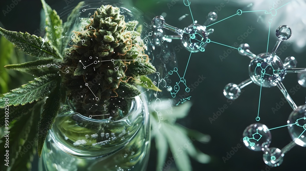 Cannabis Flower Dissolving in Liquid with Molecular Diagrams Overlay ...