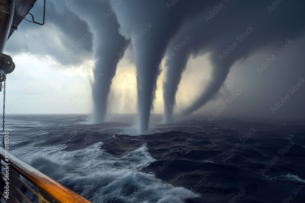 Stormy seas with multiple waterspouts observed from a ship\'s deck ...