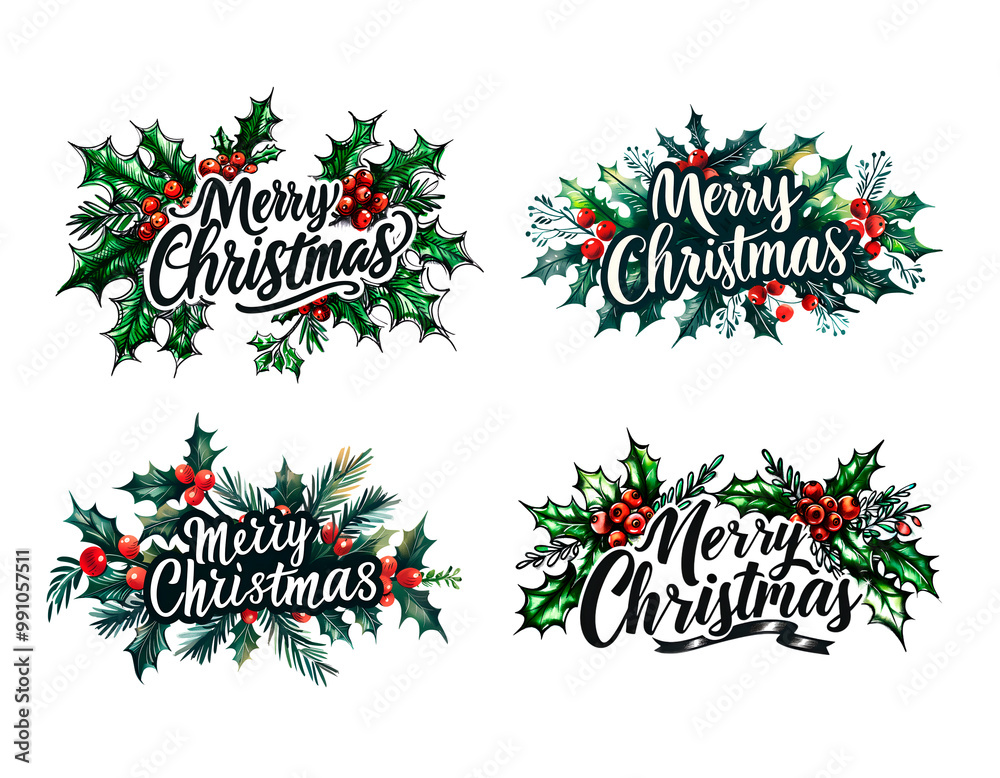 Merry Christmas hand drawn lettering set with winter leaves, branches ...