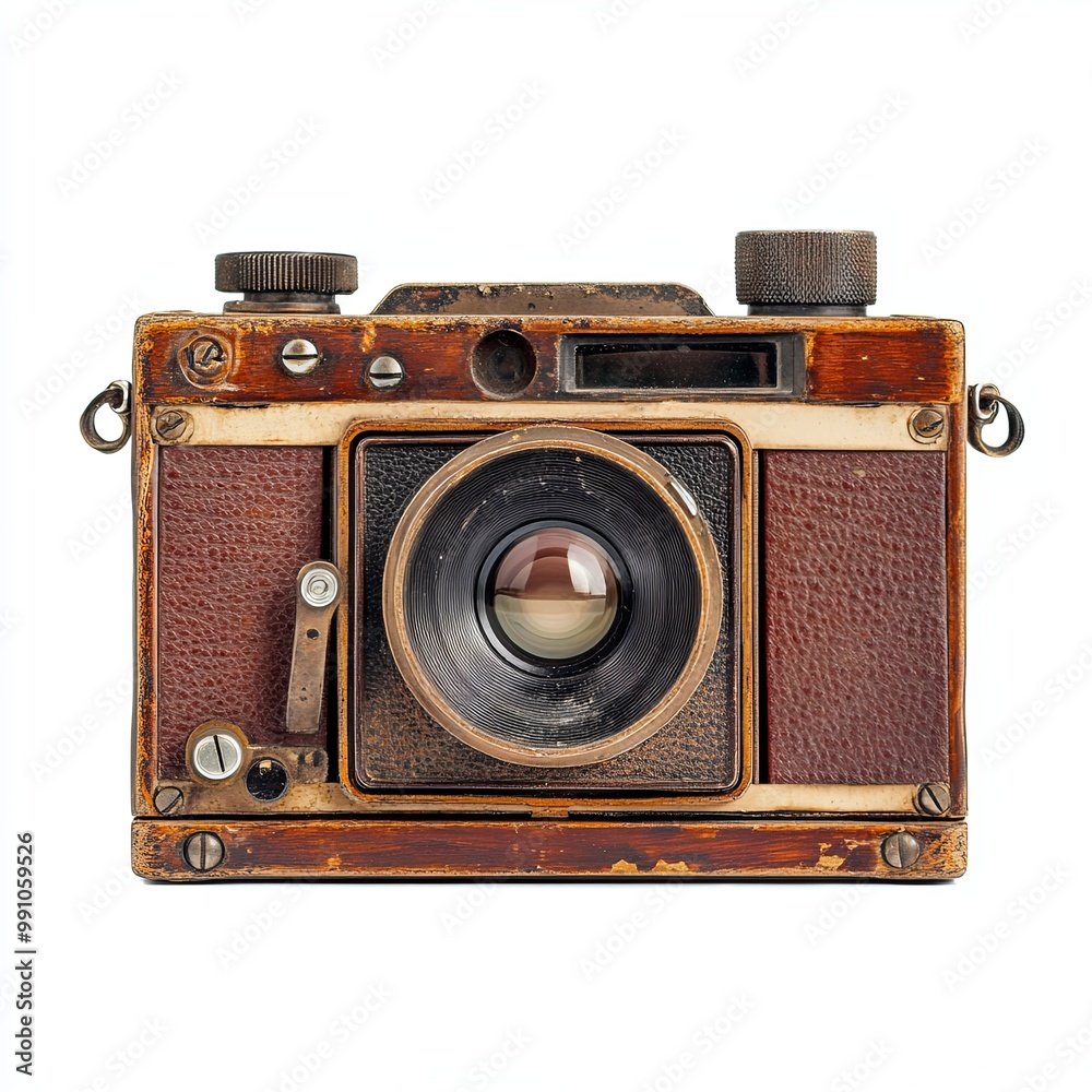 Antique old fashion film camera front view isolated on white background ...