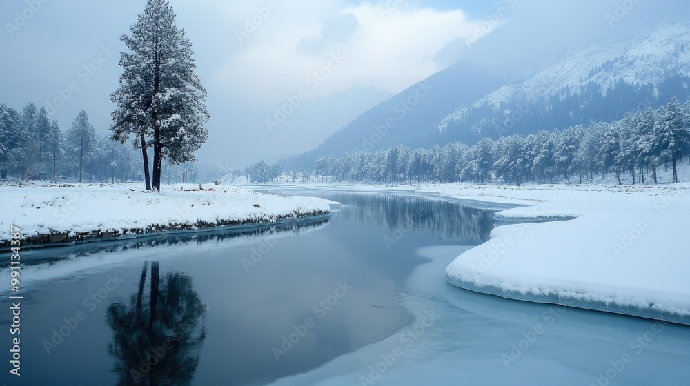 Pahalgam in winter, with snow-blanketed meadows, frozen rivers, and ...