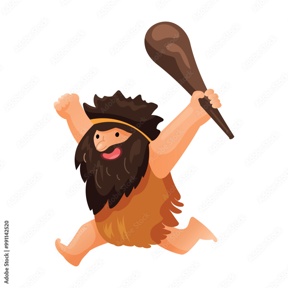caveman running after someone with a club. A Neanderthal in skins and ...