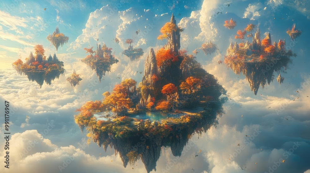 Surreal landscape of floating islands, vibrant colors blending with ...