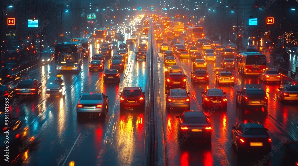 busy street filled with traffic, cars, and public transportation during ...