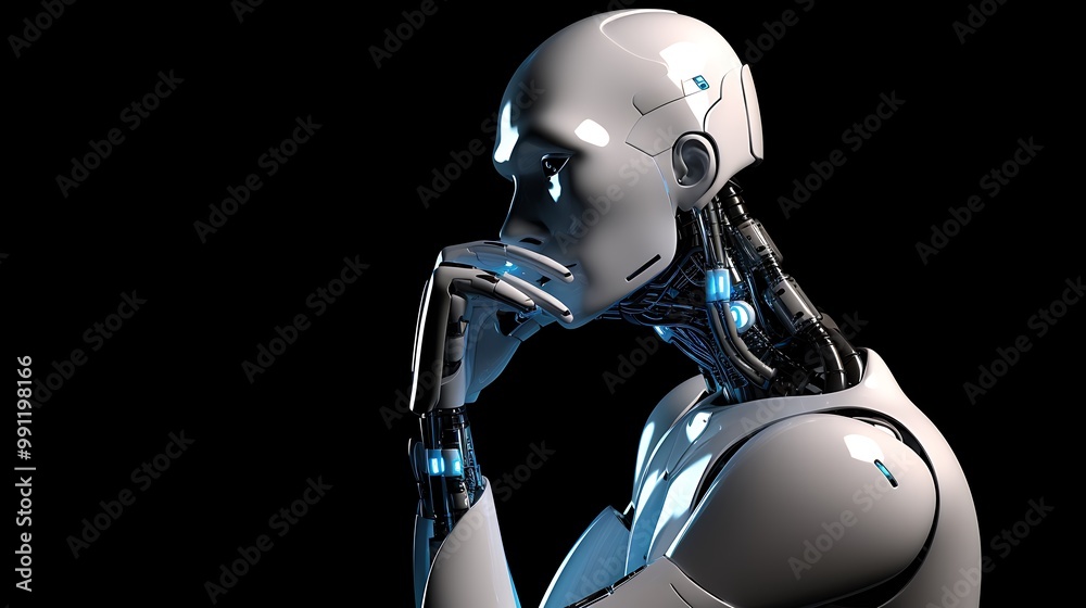 Humanoid Robot in Deep Thoughtful Pose with Futuristic Mechanical Design and Blue Glowing ...
