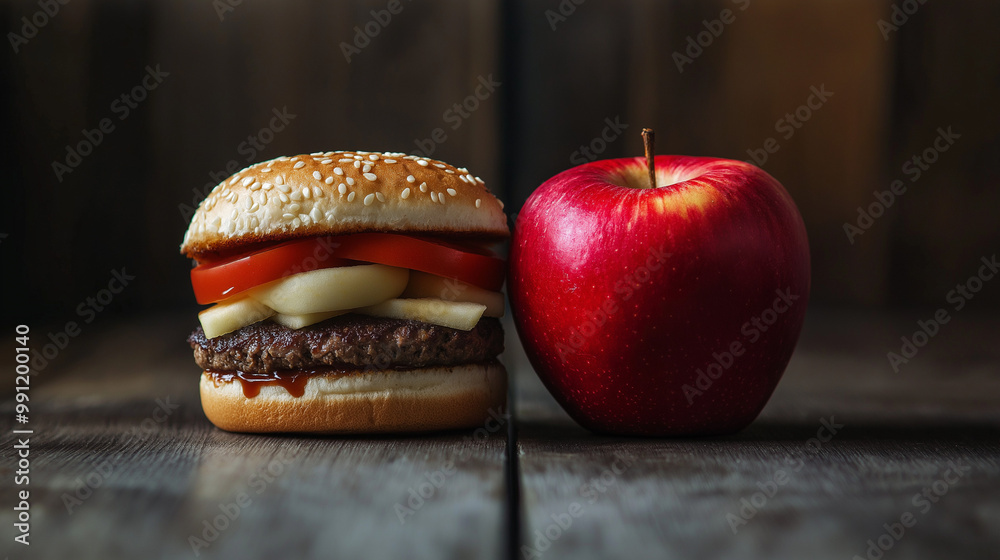 Image split in half, hamburger and apple. Healthy vs unhealthy food ...