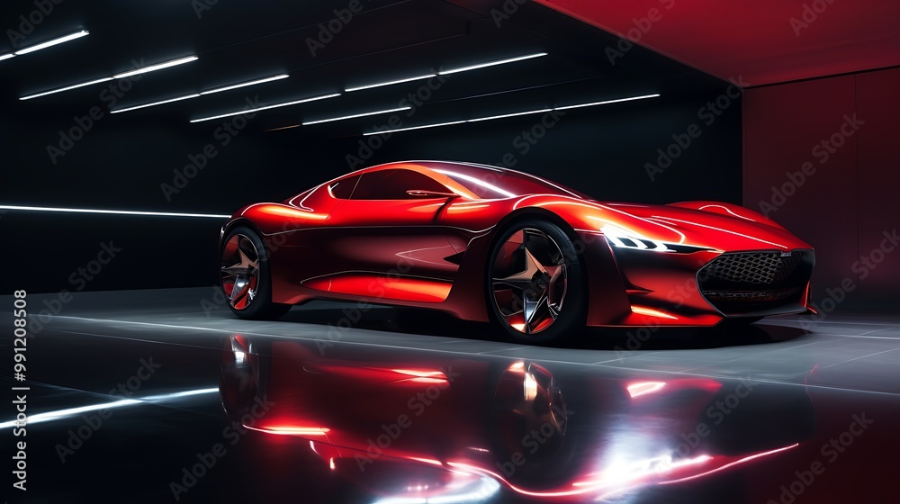 Red Supercar with Dynamic Aerodynamic Design in a Futuristic Showroom ...
