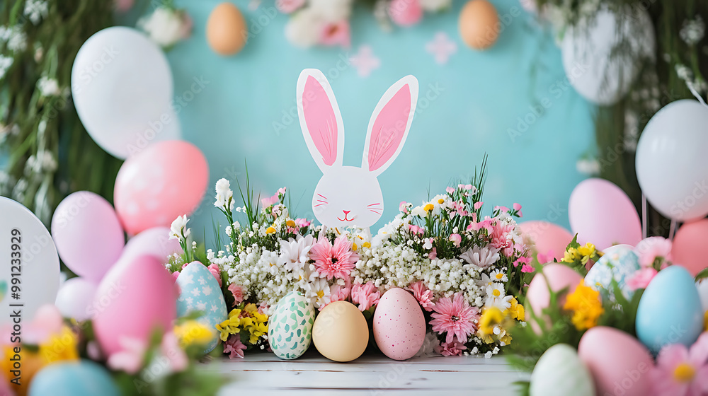 Easter-themed photo booth with props like bunny ears, egg hats, and ...