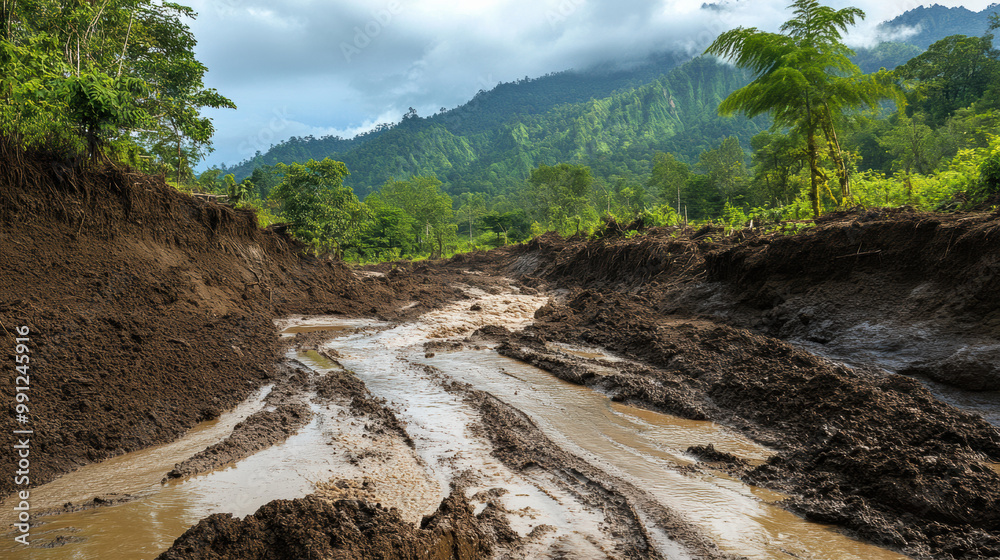 image depicts landscape affected by mudslides, showcasing muddy ...