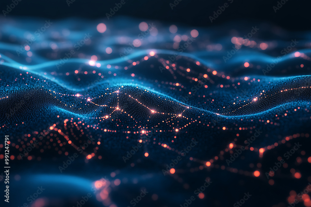 Futuristic background with a glowing neural network, featuring interconnected nodes and data ...