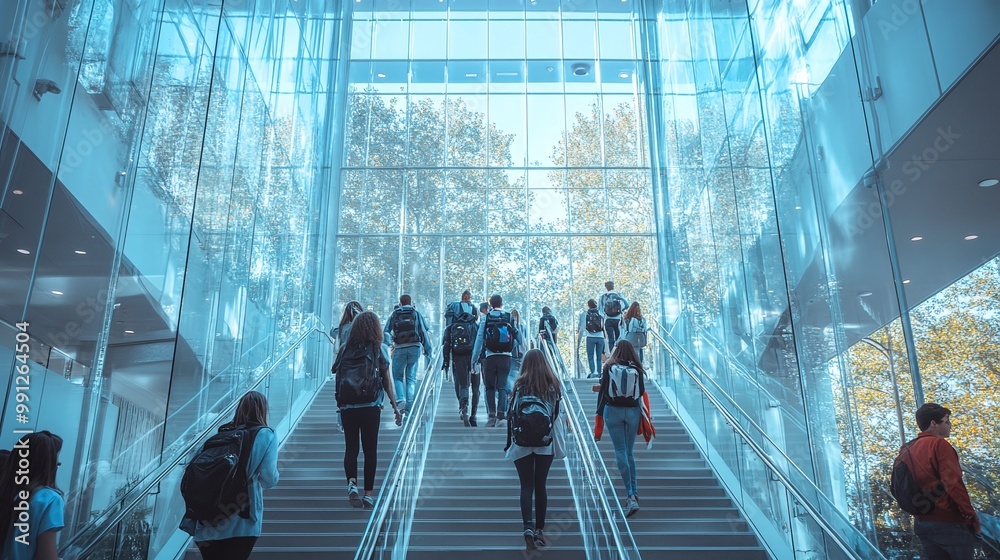 university students ascending a staircase inside a modern glass-walled ...