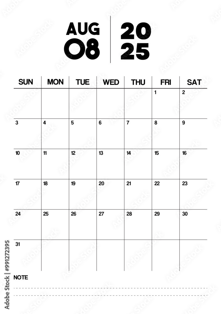 Printable Monthly Calendar Template for August 2025. Minimalist Style ...
