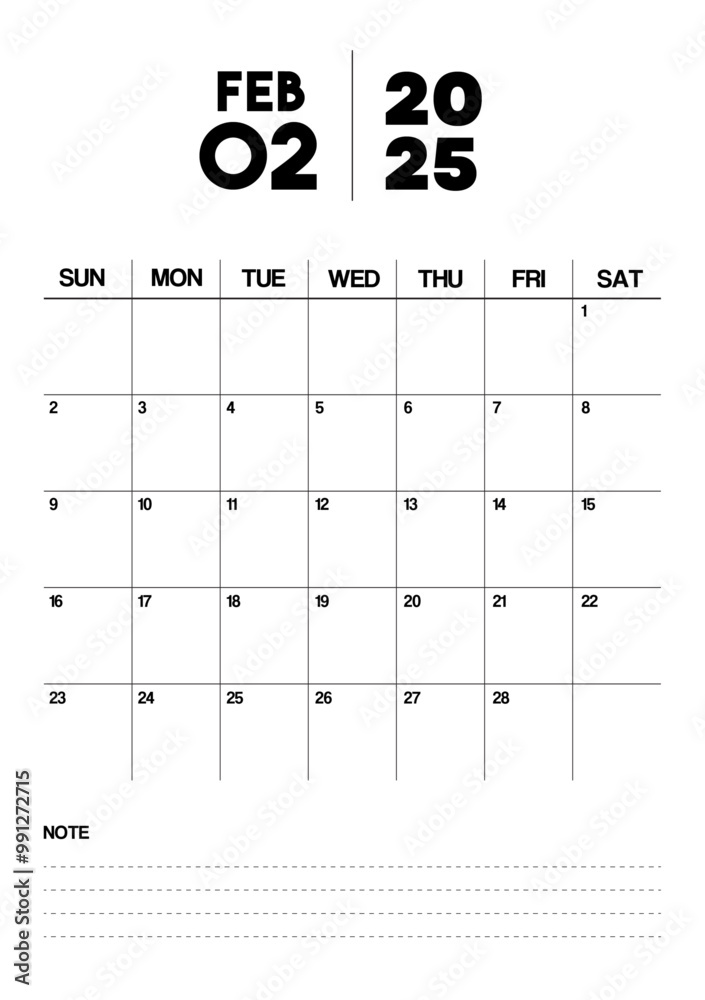 Printable Monthly Calendar Template for February 2025. Minimalist Style ...
