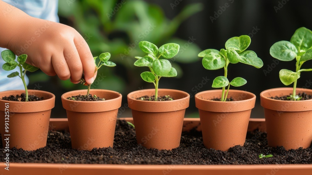 Caregiver teaching children how to plant seeds in small pots during a ...
