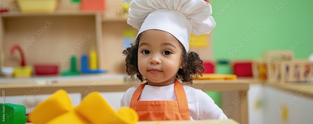 A boy playing in a pretend kitchen area, role-playing as chefs in the ...