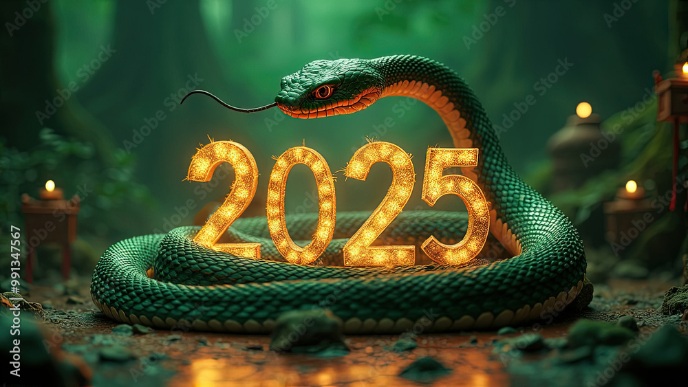 Cinematic scene for 2025 Snake Year, a majestic snake coiled around ...
