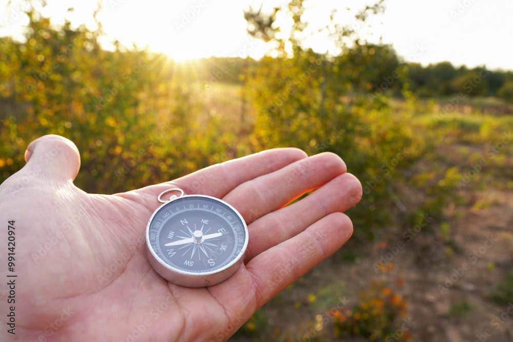 Compass in hand at forest. Tourist compass for orientation on the ...