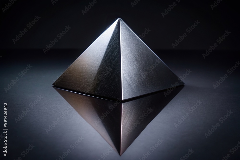 Sharp edged black pyramid casting a reflection on a dark background ...