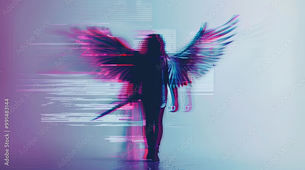 A fallen angel with outstretched wings and a sword in his hand. A ...