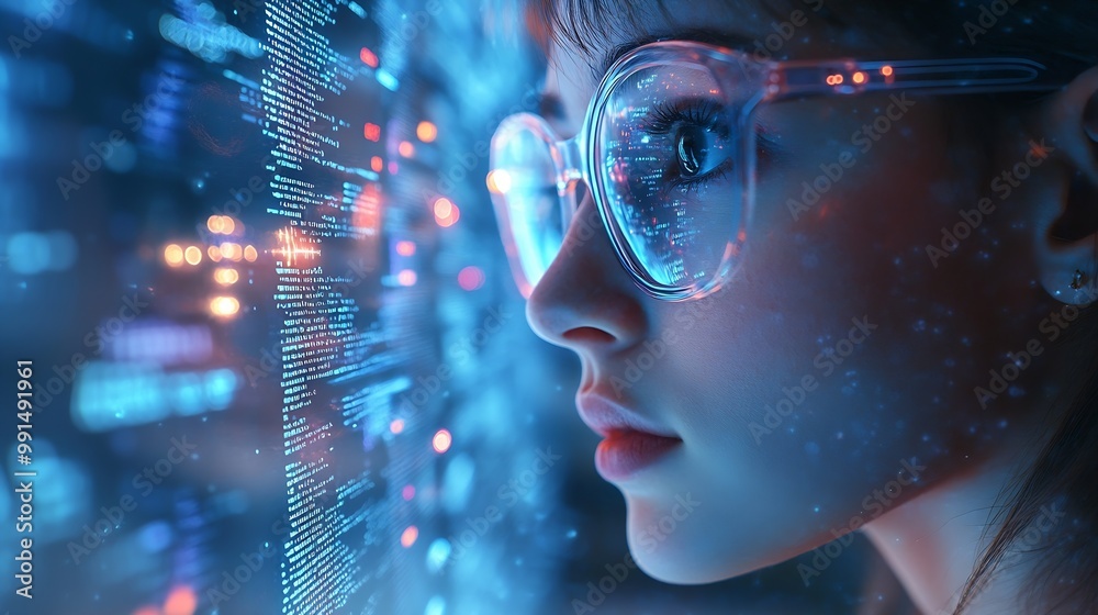 Software coding hologram and woman on tablet thinking of data analytics ...