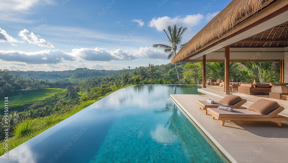 This image captures a luxurious, tranquil infinity pool at a high-end ...