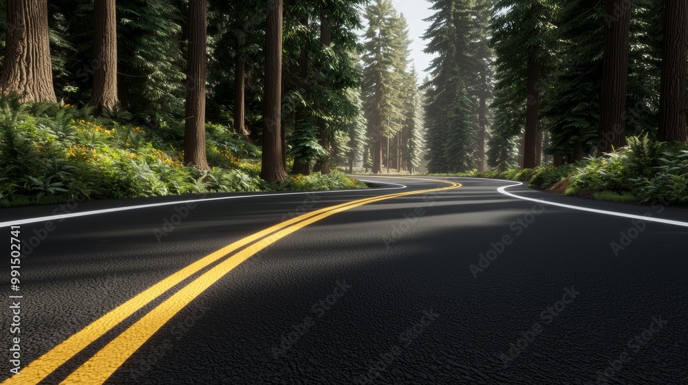 Ultra-realistic highway winding through towering redwoods, trees ...
