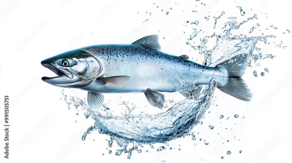 Leaping salmon fish with water splash, highly detailed fins and scales ...