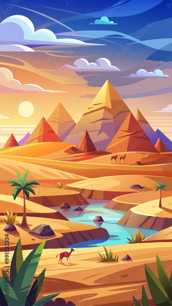 Desert landscape with Egyptian pyramids and camels on sand dunes ...