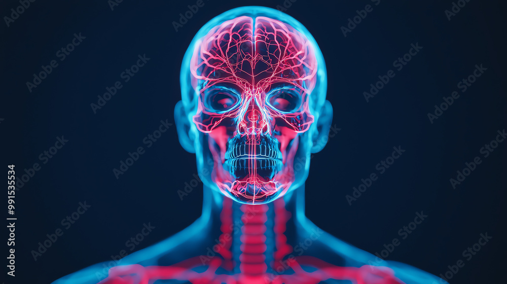 Detailed Xray imaging of a human skeleton with glowing neural pathways ...