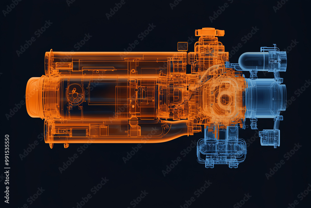 Stylized Xray imaging of a complex mechanical engine, showing every ...