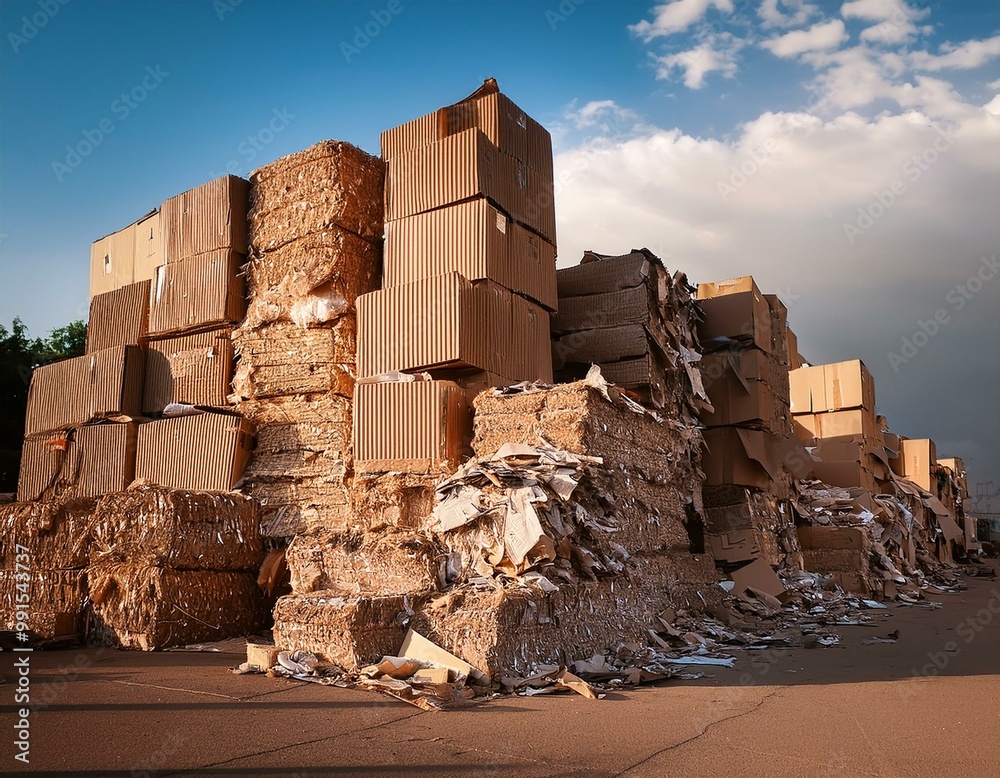 Stacked cardboard boxes and paper waste for reprocessing or upcycling ...