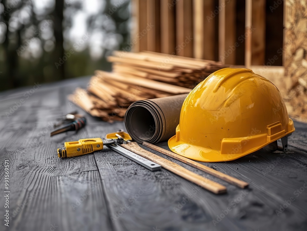 Roofing materials and tools scattered on an unfinished house roof ...