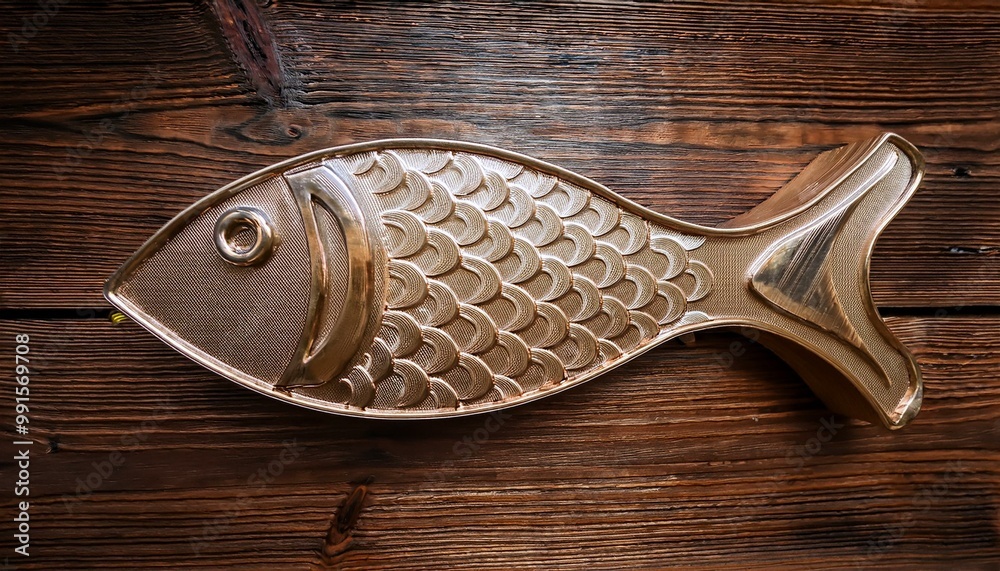 A delightful, metallic fish sign showcased on rustic wooden surfaces ...