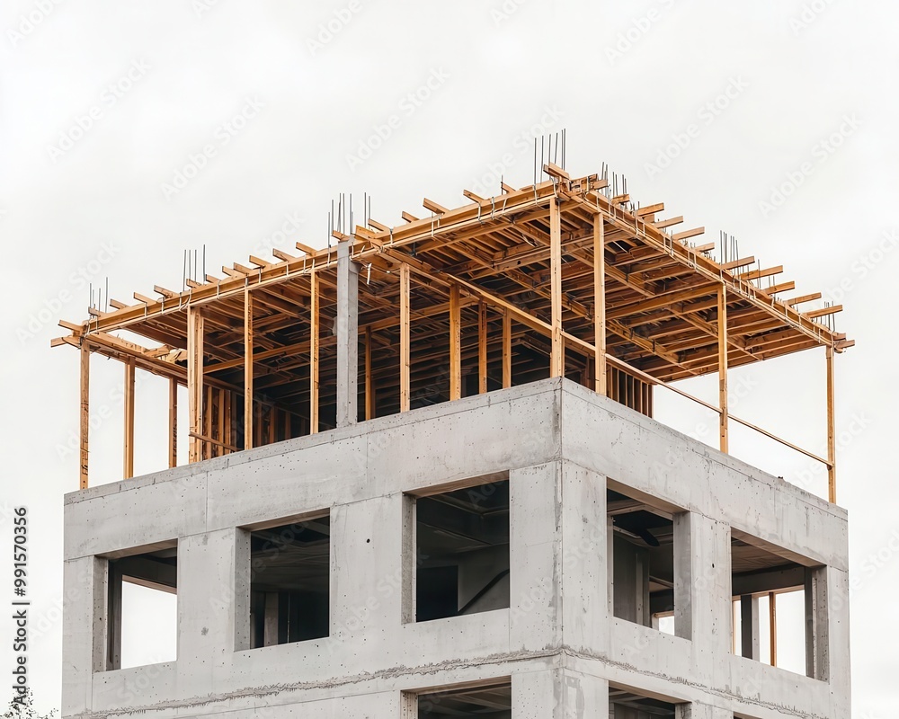 Large unfinished house with bare concrete walls and wooden scaffolding ...