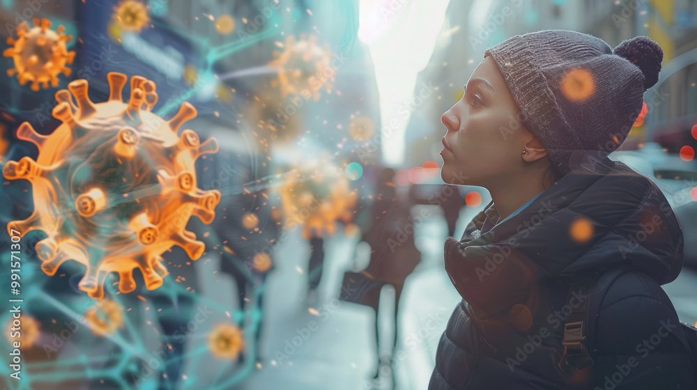 A futuristic Mpox awareness campaign where the virus is represented as a visible entity in the ...