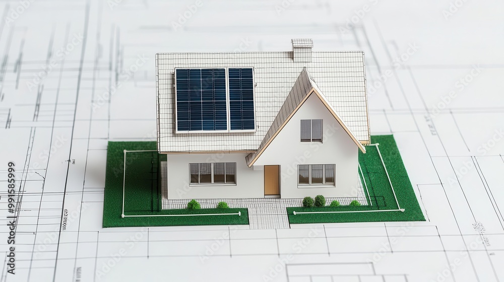 Blueprint of an eco-friendly house with solar panel layout and green ...