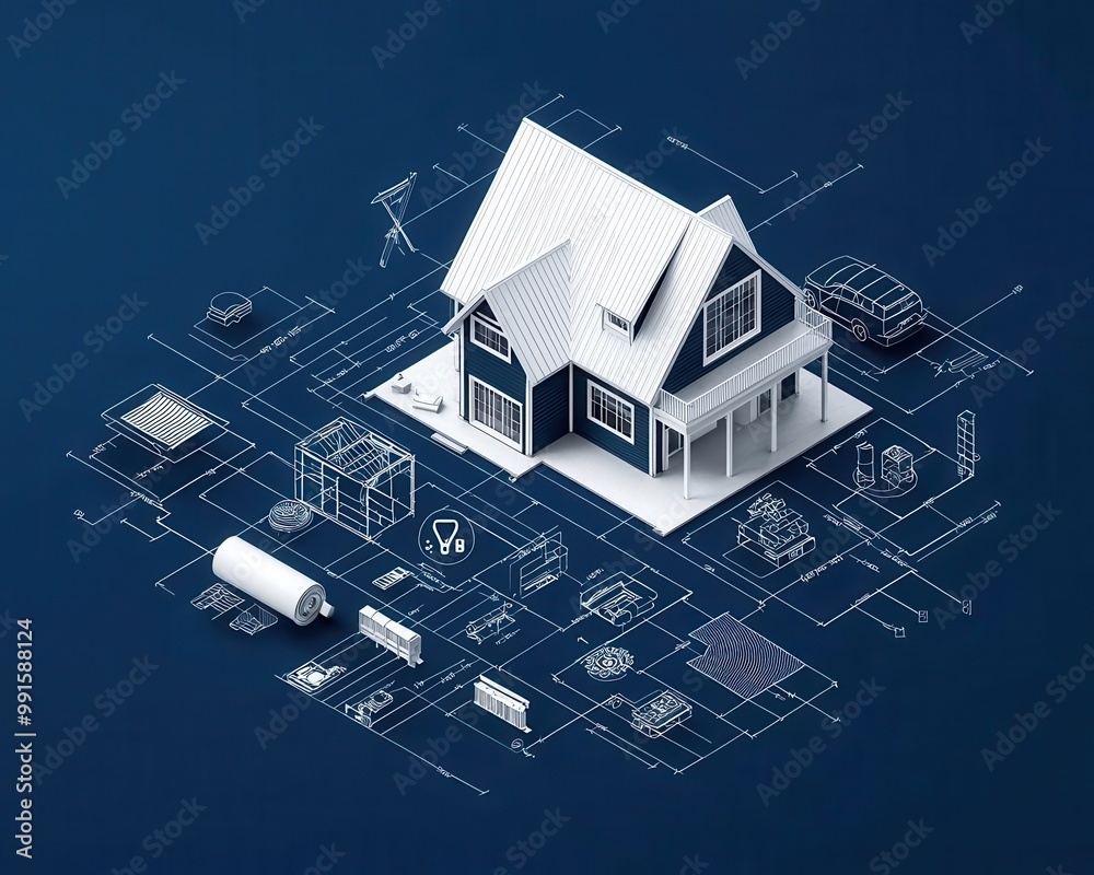 Blueprint showing floor plan of a house with integrated smart home ...