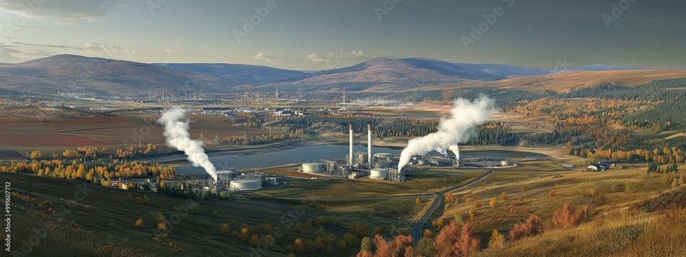 Geothermal energy plant with steam rising from the ground, large ...