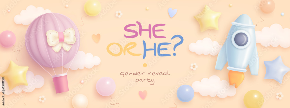 He or she. Boy or girl. Cartoon gender reveal card, flyer, invitation ...