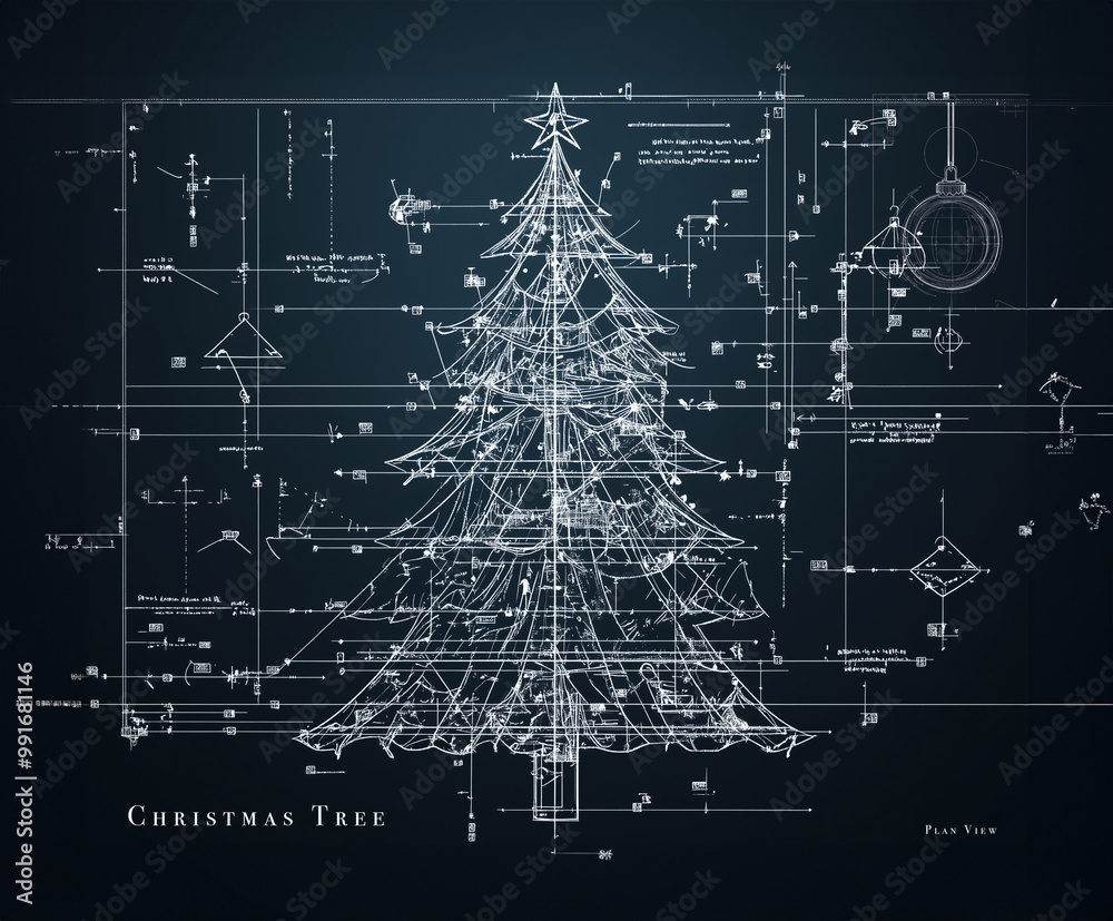 A christmas tree engineering diagram, blueprint or draft drawing ...
